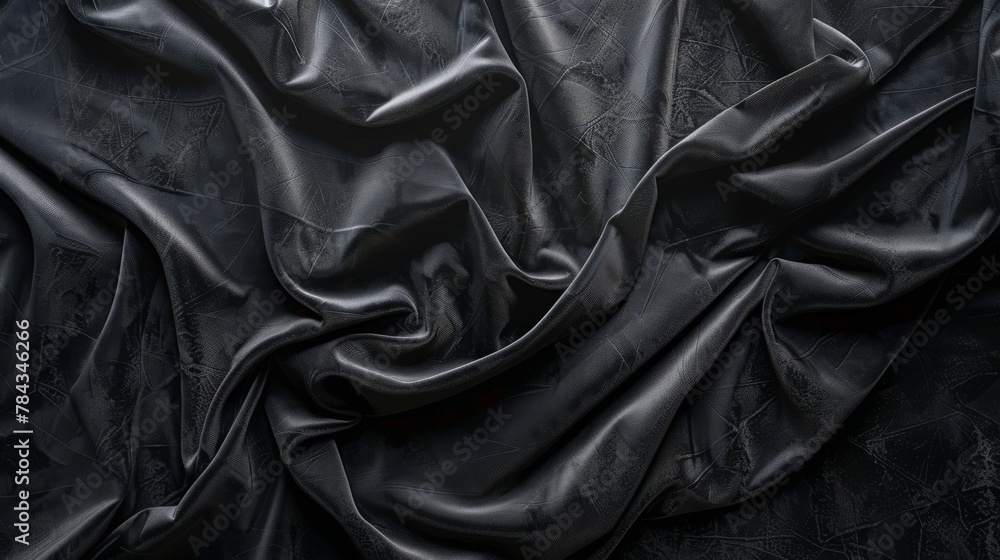 Luxurious black leather material with a detailed texture, draped in ...