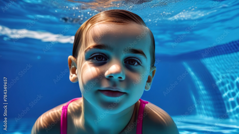 Cute happy caucasian boy child dive underwater and have Fun of swimming ...