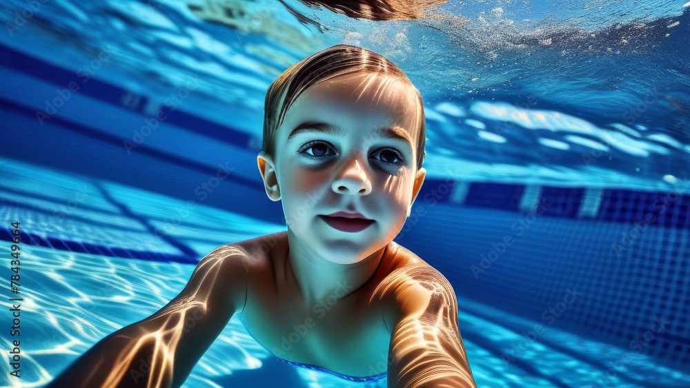 Cute happy caucasian boy child dive underwater and have Fun of swimming ...