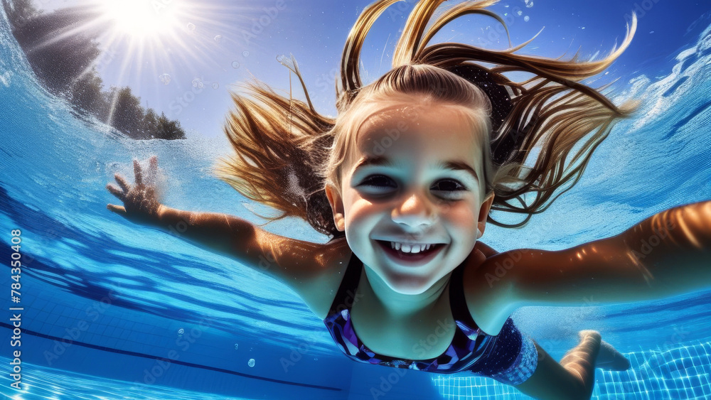 Cute happy caucasian girl child dive underwater and have Fun of ...