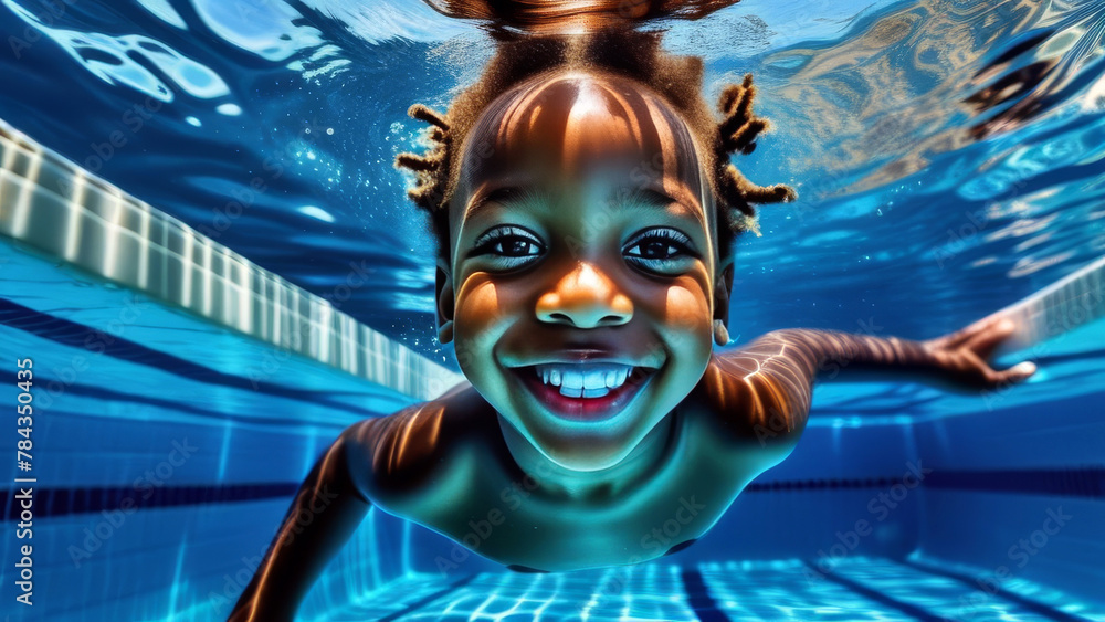 Cute happy black boy child dive underwater and have Fun of swimming ...