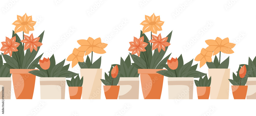 Vector seamless border with flowers and leaves in various pots isolated ...
