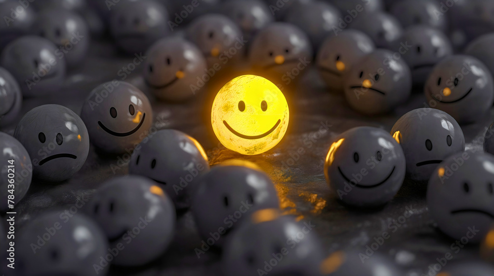 Bright happy yellow smiley glowing different amongst the crowd of gray ...