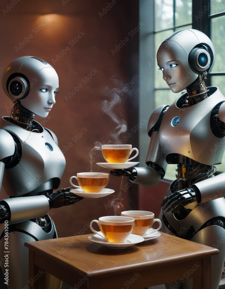 Two humanoid robots simulate a social tea break, one robot pouring hot ...