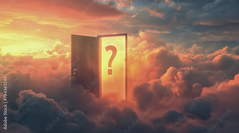 Question mark on an open door in the clouds on the sky, dreamy ...