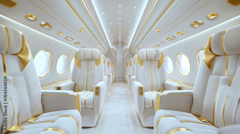 Luxury golden and white private jet plane interior seats and window ...