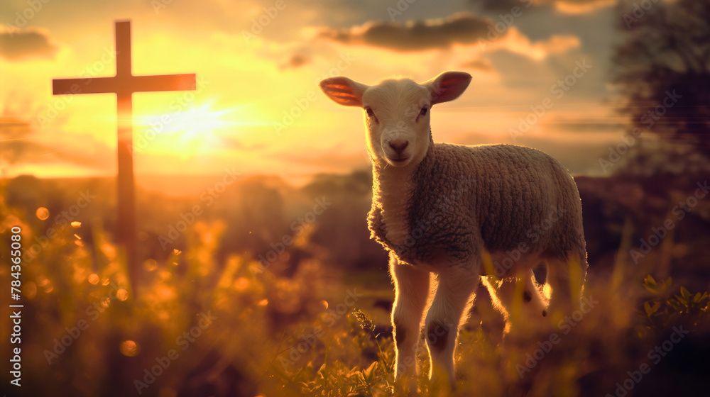 Lamb standing near the cross in the field at the sunset. Christian ...