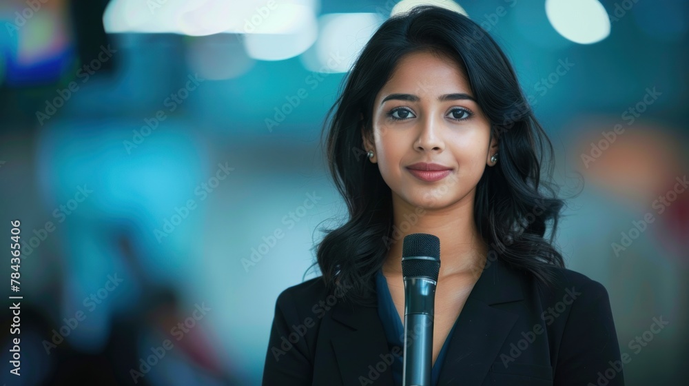 Young Indian Woman News Reporter Holding Professional Microphone in ...
