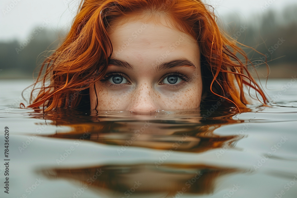 AI generated illustration of a woman with long red hair swimming in ...