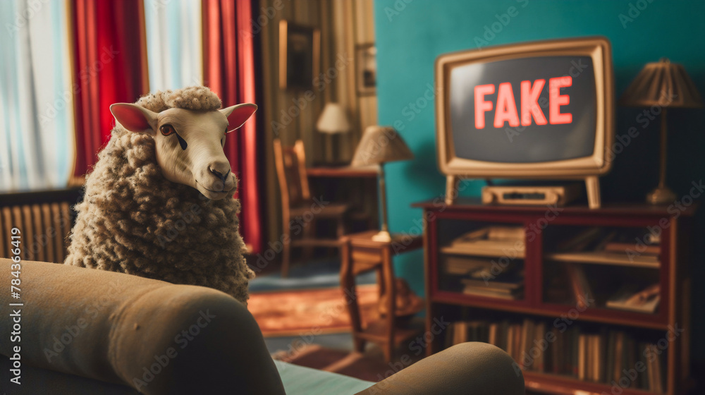 Sheep sitting in armchair in home interior and watching TV with fake ...