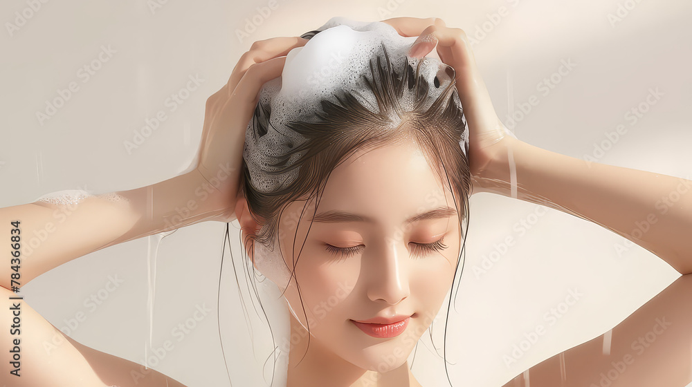 AI Generative girl model cleaning her hair. High resolution portrait of ...