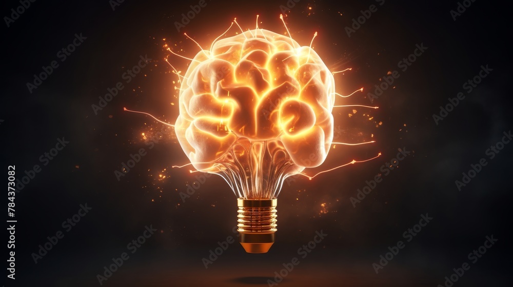 A glowing brain-shaped light bulb represents a burst of ideas and inspiration, perfect for ...