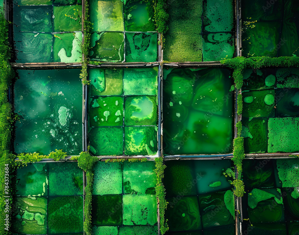 Algae biofuel farm, growing algae in huge outdoor ponds, demonstrates ...