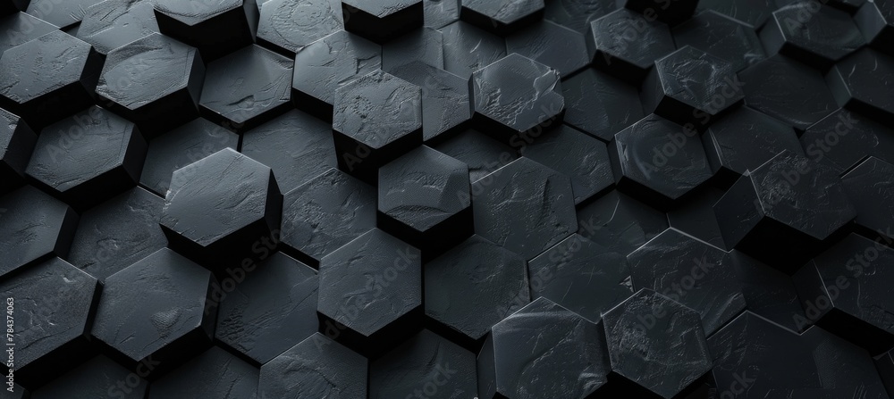 Black hexagon honeycomb shapes matte surface moving up down randomly ...