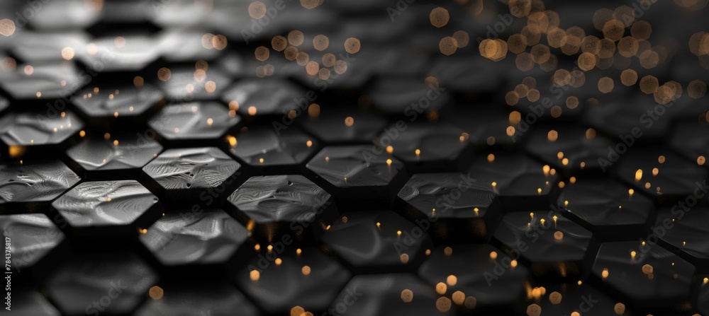 Black hexagon honeycomb shapes matte surface moving up down randomly ...