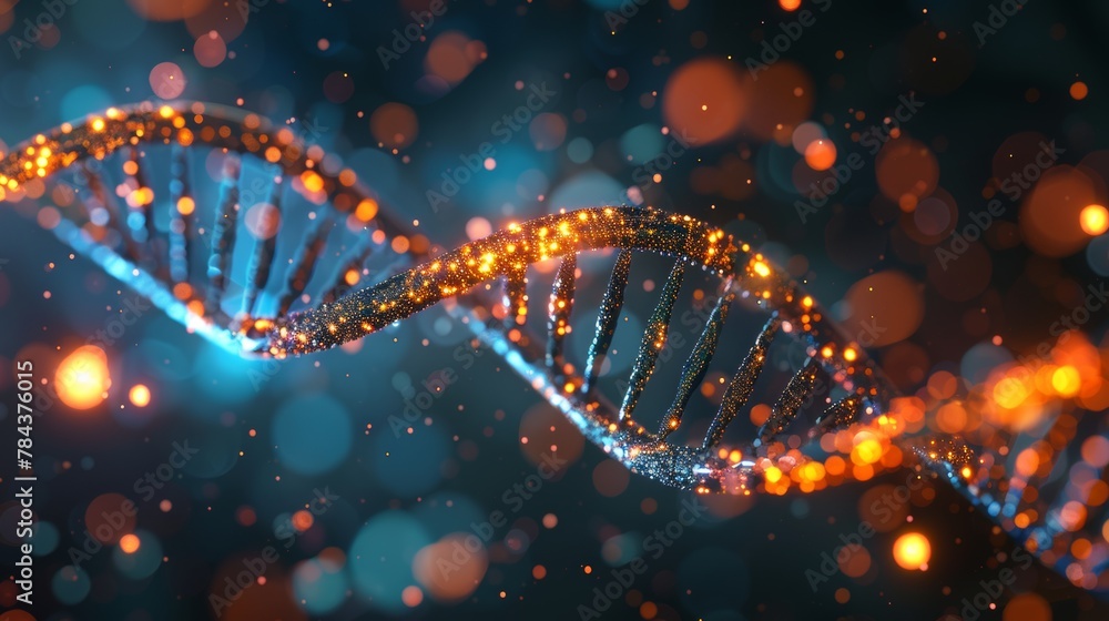 A DNA strand is shown in a blurry, colorful image. The image is a ...