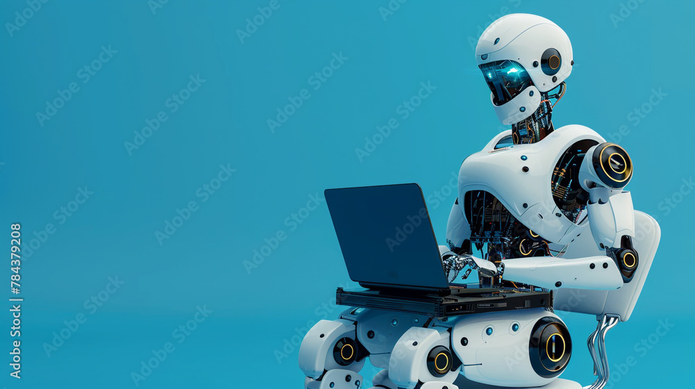 Artificial intelligence robots using laptop computers with blue ...