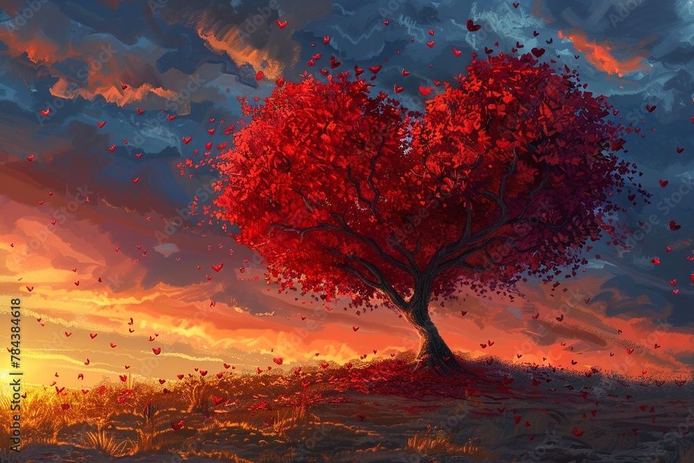 Enchanting scene, heart tree under a sunset, deep crimson foliage ...