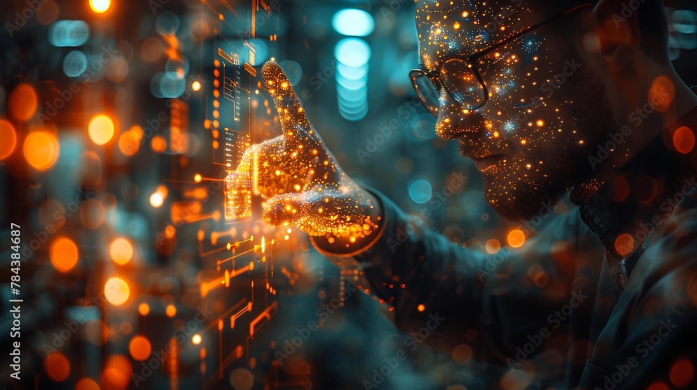 Man interacting with futuristic interface. Technology and innovation ...