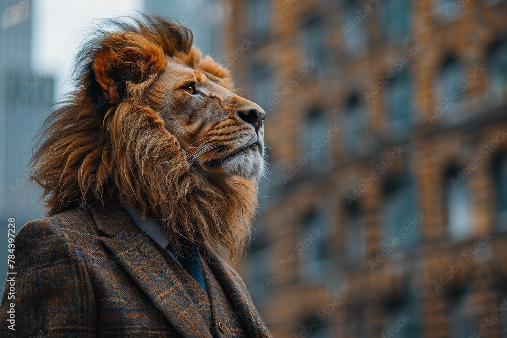 An elegant lion-headed man in a checkered suit facing sideways, against ...