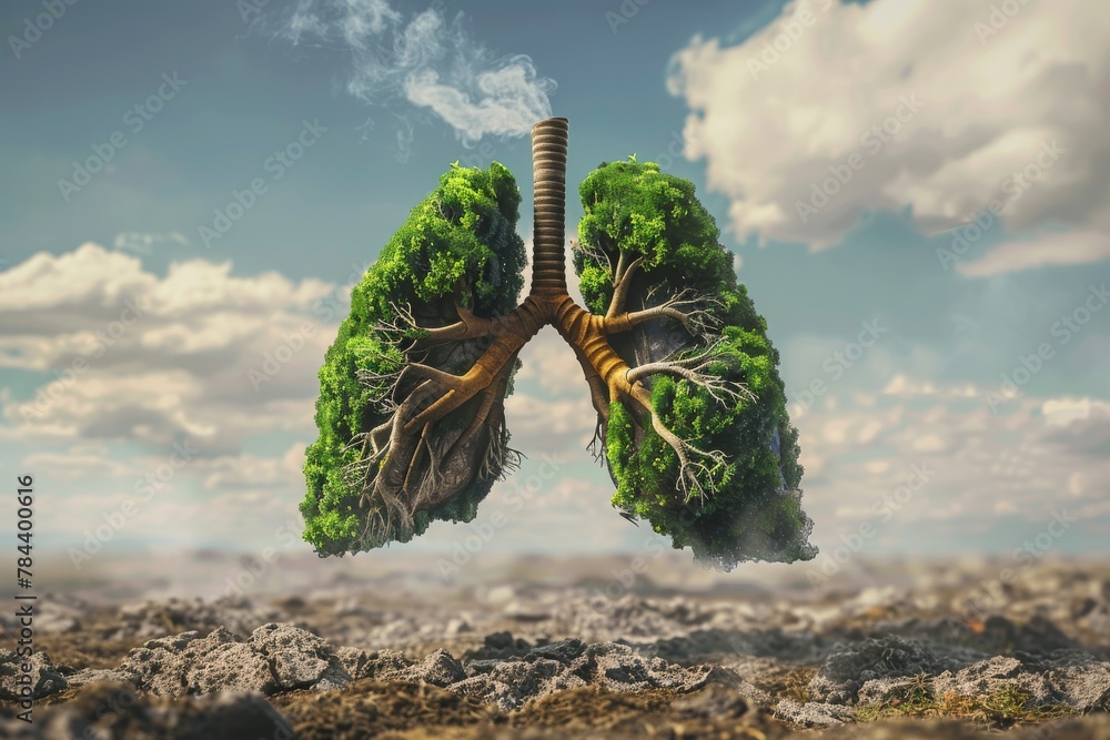 Conceptual artwork of tree-shaped human lungs depicting environmental ...