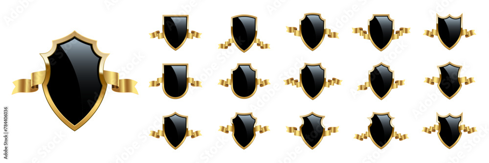 Black shields with golden frame and ribbons vector set for emblem, logo ...