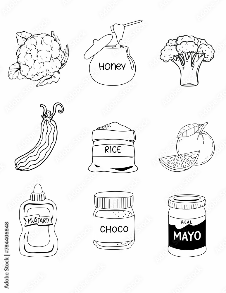 Food and drink coloring page, food doodle, drink doodle, food icons ...