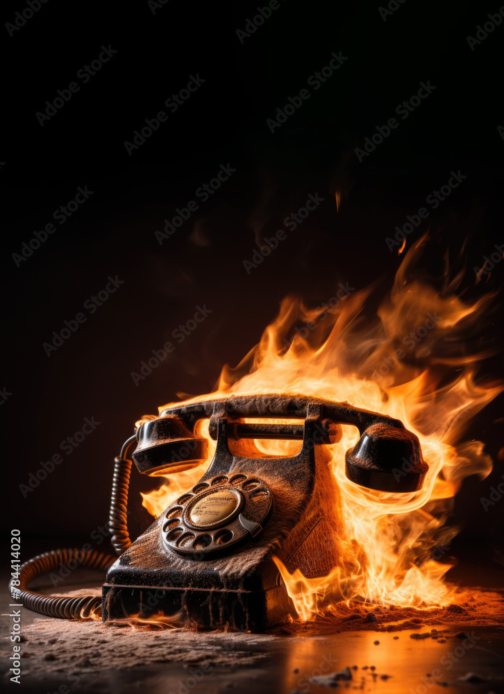 In the midst of the photograph, an antique black analog telephone with ...