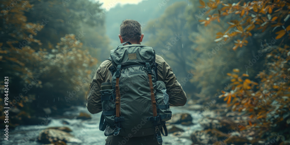 Rucking. Modern sport. Man walk around the forest with backpacks filled ...