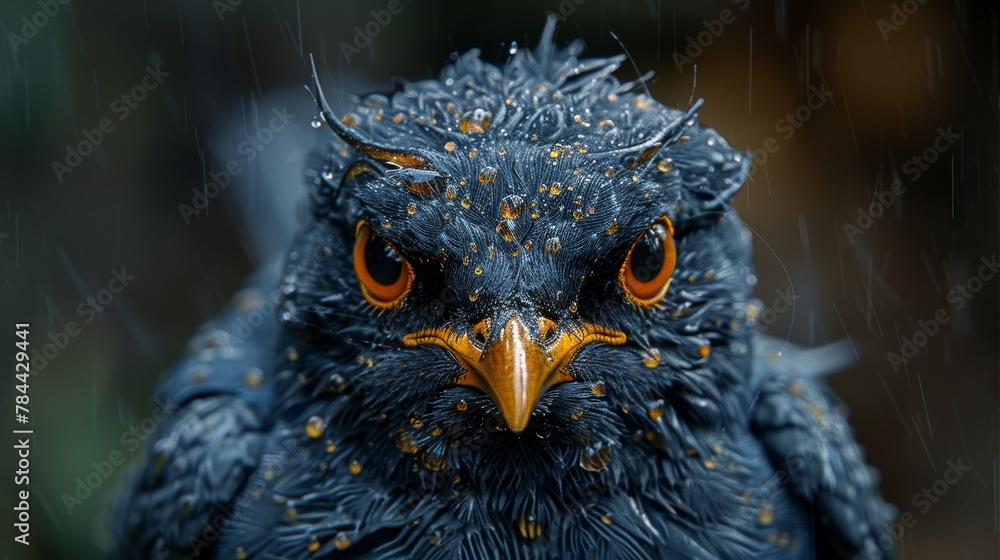 orange eyes glint, rain droplets bejewel feathers, head, backdrop of ...