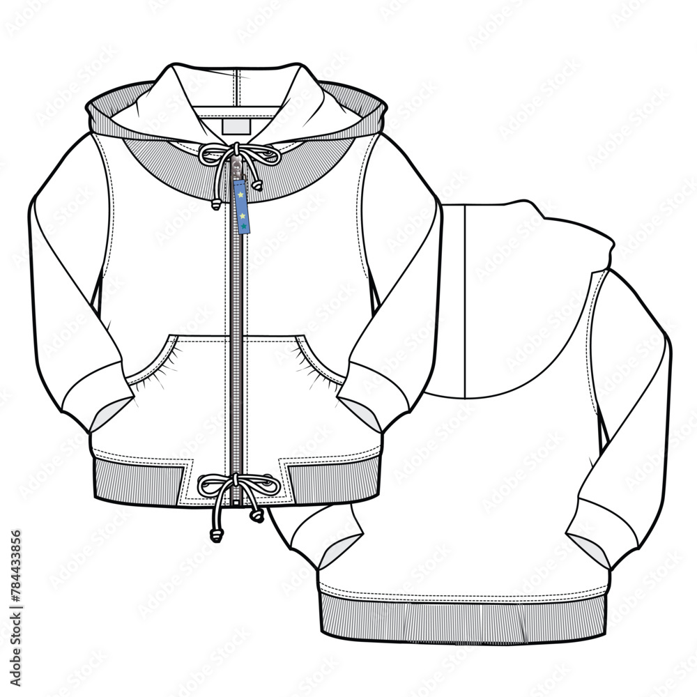 Ribbed neck hoodie for girl long sleeve, kangaroo pocket, hem tie ...