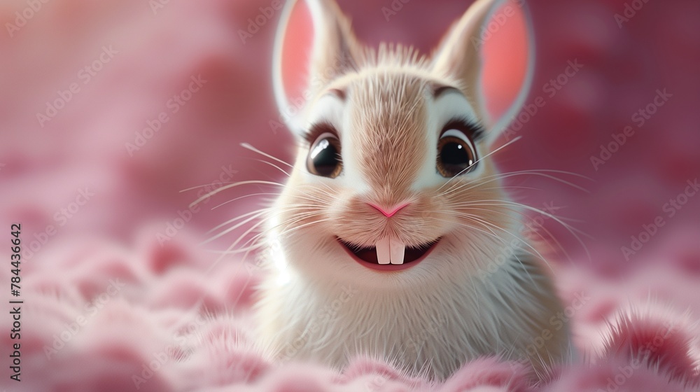 A 3D cute cartoon illustration of a smiling bunny, rendered on a solid ...