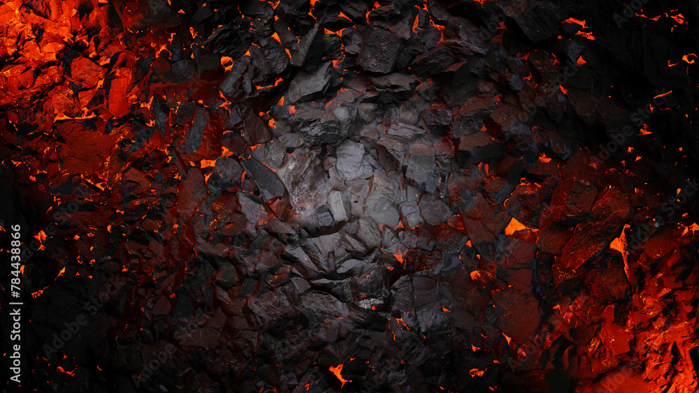 Coal background with red lava gaps between the stones. Mainers ...
