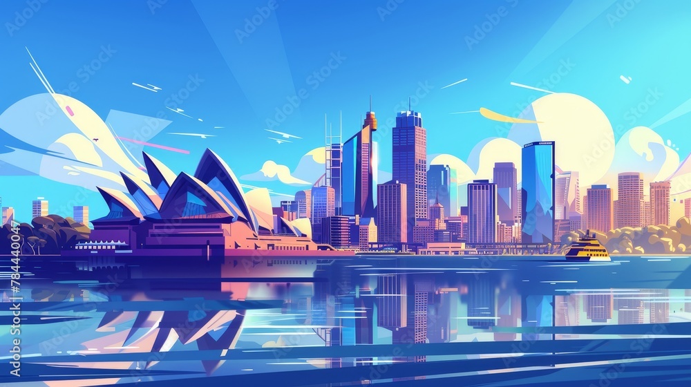 A modern cartoon illustration of Sydney landmarks with the Opera House ...