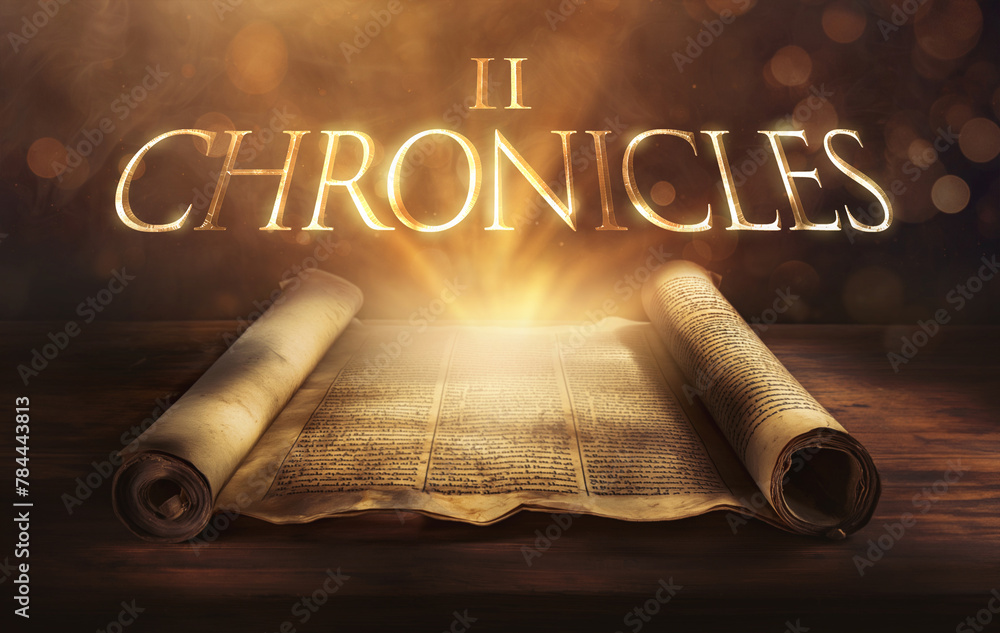 Glowing open scroll parchment revealing the book of the Bible. Book of ...