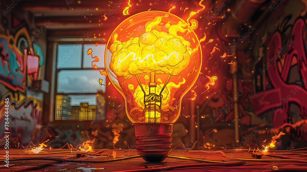 Artistic depiction of a light bulb with an exploding brain illustration ...