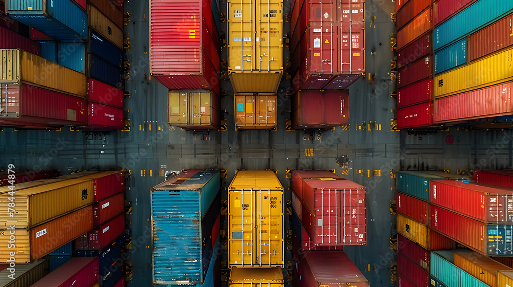 Bird's eye view of colorful shipping containers neatly stacked in a ...