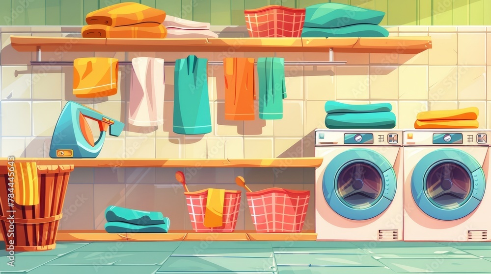 Modern cartoon illustration of a laundry room with an automatic washing ...