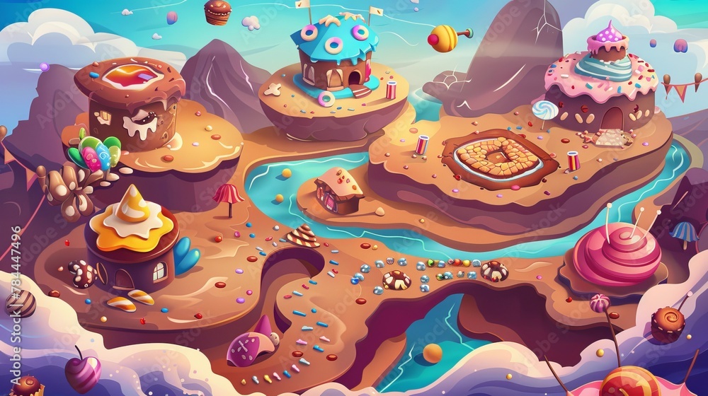 Cartoon illustration of a candy land mobile game map. Cookie houses ...