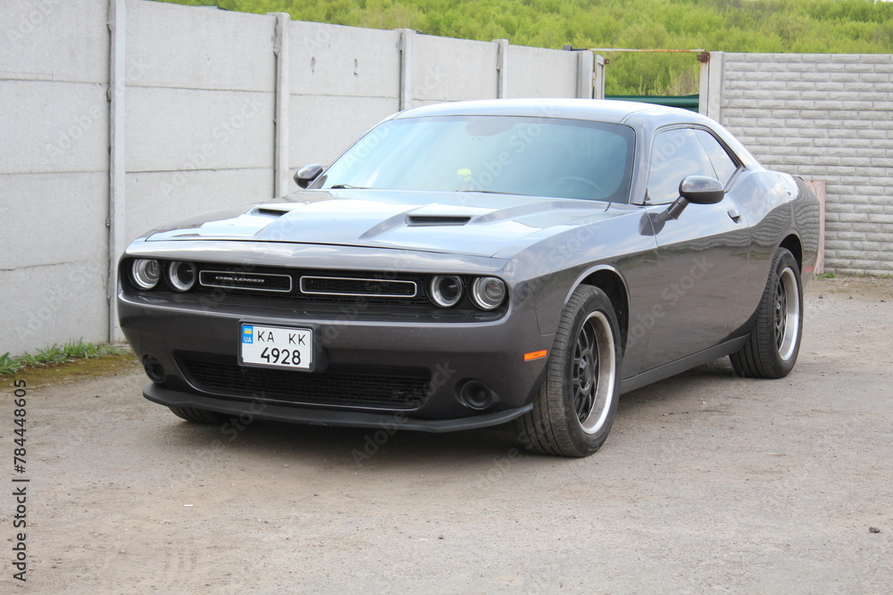 Vinnytsia, Ukraine; April 13, 2024. Grey Dodge Challenger ЅХТ at the ...
