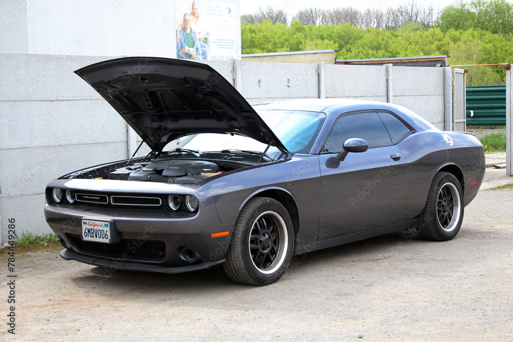 Vinnytsia, Ukraine; April 13, 2024. Dodge Challenger open hood. Dodge ...