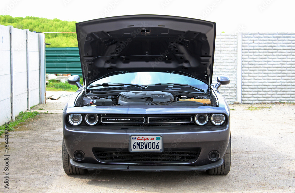 Vinnytsia, Ukraine; April 13, 2024. Dodge Challenger open hood. Dodge ...