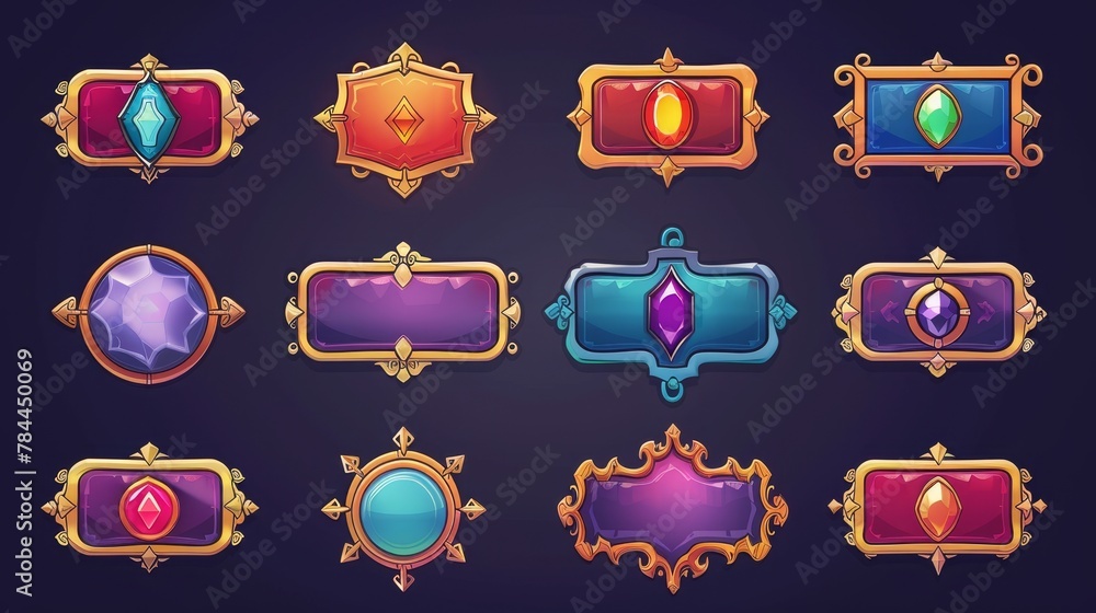 Modern set of art deco fantasy game interface buttons. Gold bordered Ui ...