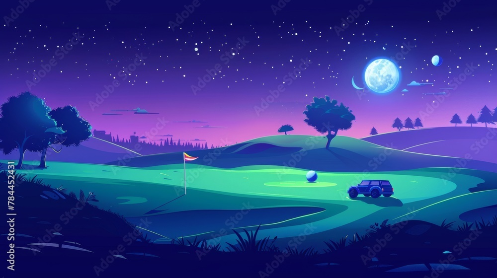 A cartoon illustration of a night golf course field landscape. Flag ...