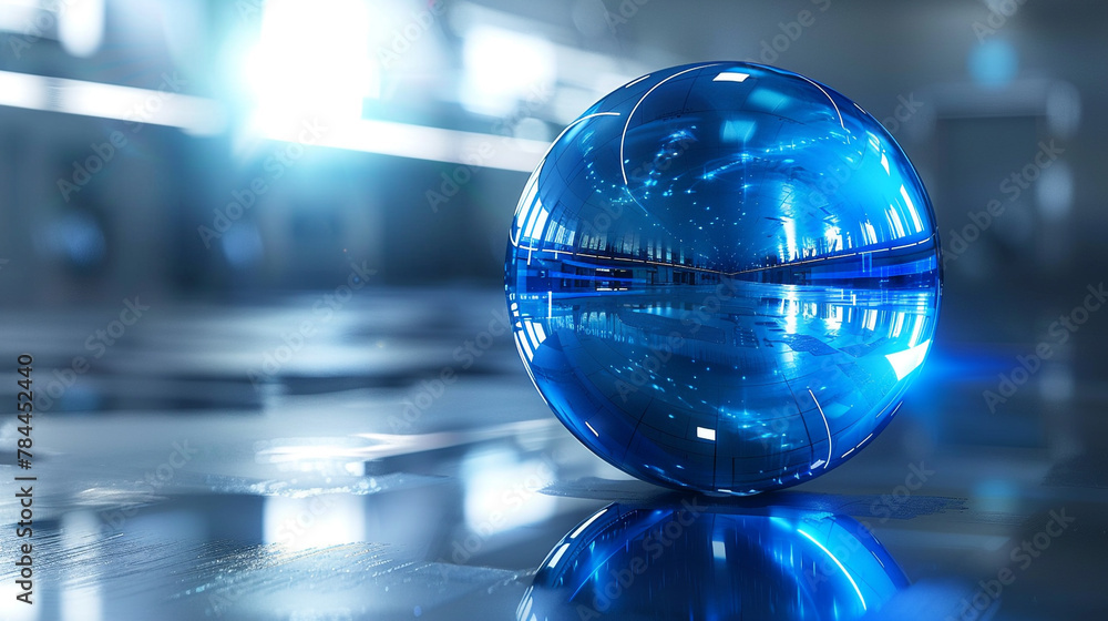 High-tech world captured in the reflection of a 3D cobalt blue glossy ...