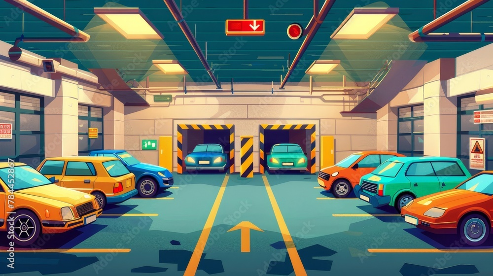 Retro cars parked underground. Modern cartoon illustration of a ...