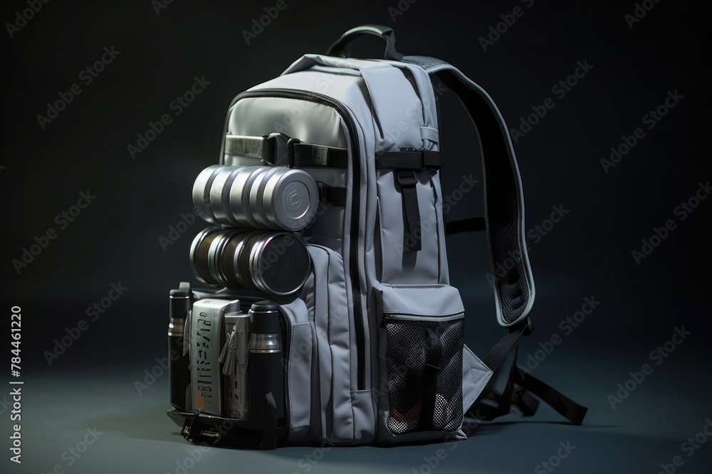 Backpack for rucking with weights, dumbbells on a black background ...