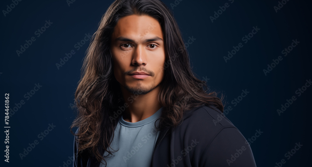 Portrait of a Native American Man with Long Hair on Dark Blue ...