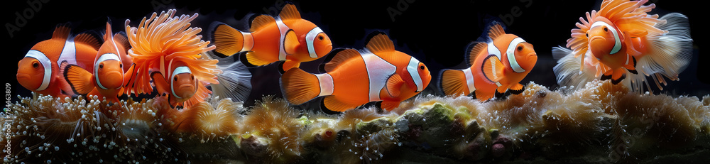 Enigmatic dance of the clown fish. A vibrant group of clown fish, with ...