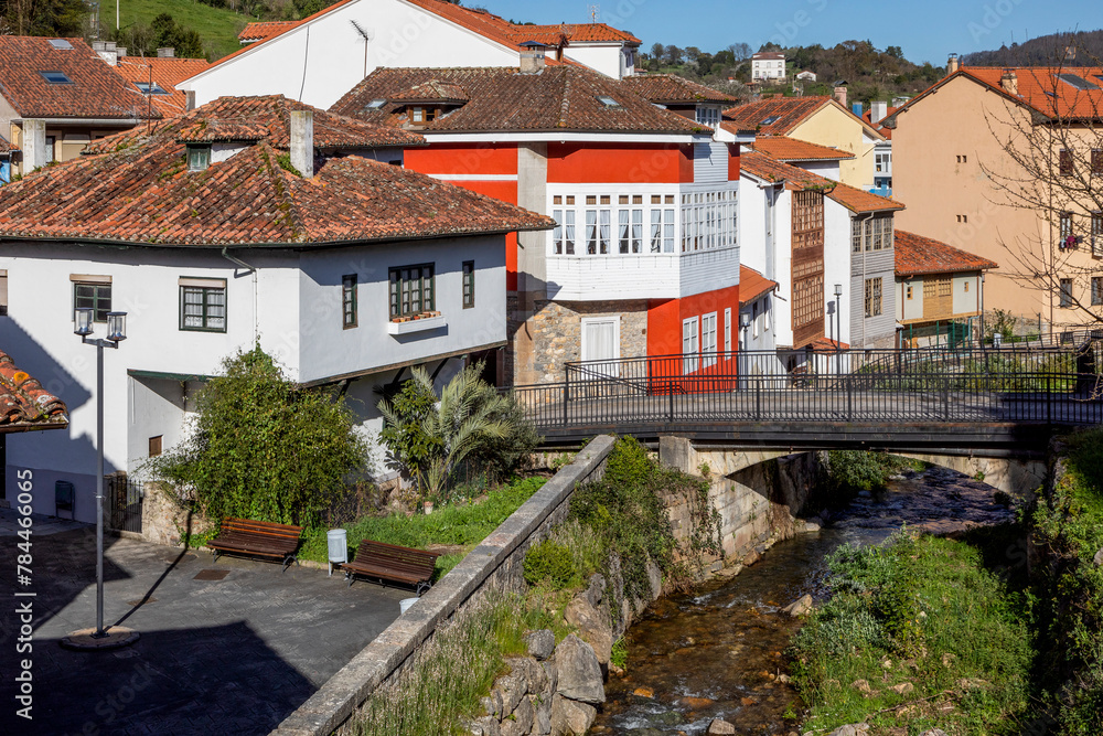 Salas village and its beautiful houses along of the river. Asturias ...